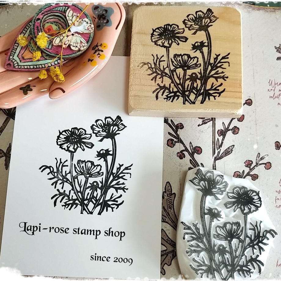 コスモスのスタンプ 取っ手つき 手彫り 消しゴムはんこ | LapiRose-plus