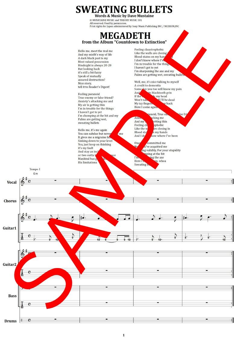 MEGADETH(メガデス) / SWEATING BULLETS バンド・スコア(TAB譜)...