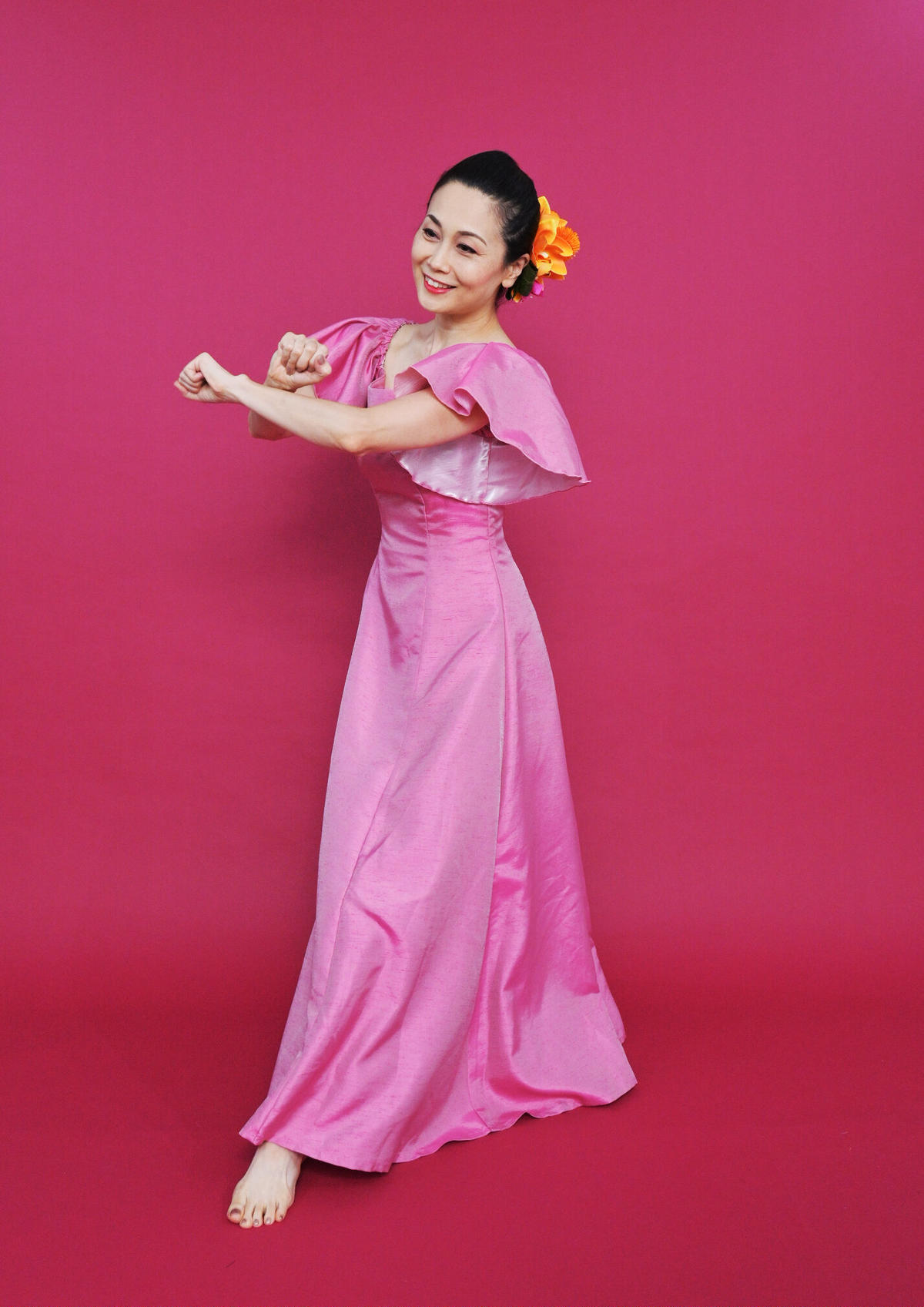 【DR079】シャンブレーシャンタンフレア袖ドレス/ピンク | I MUA