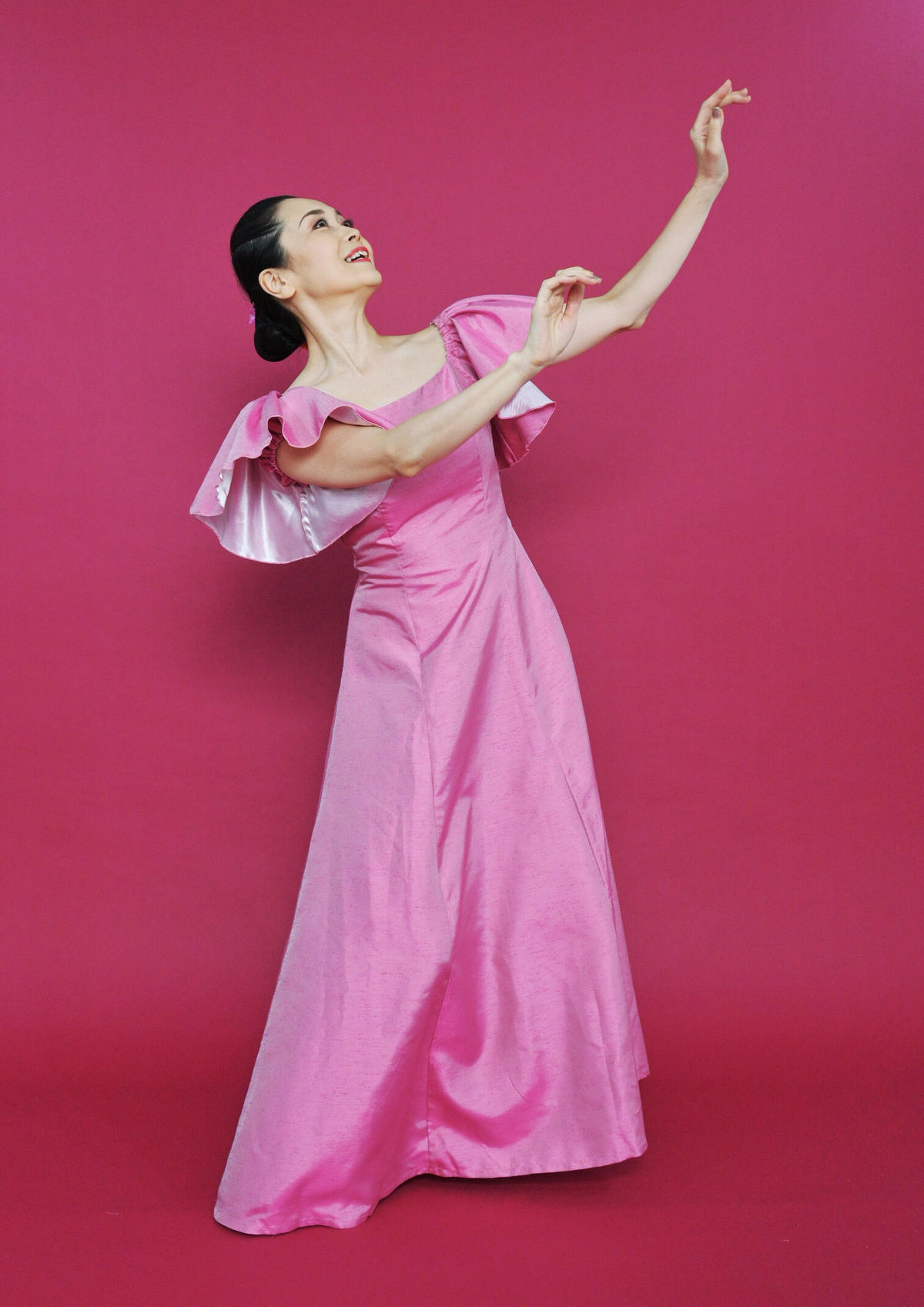 【DR079】シャンブレーシャンタンフレア袖ドレス/ピンク | I MUA