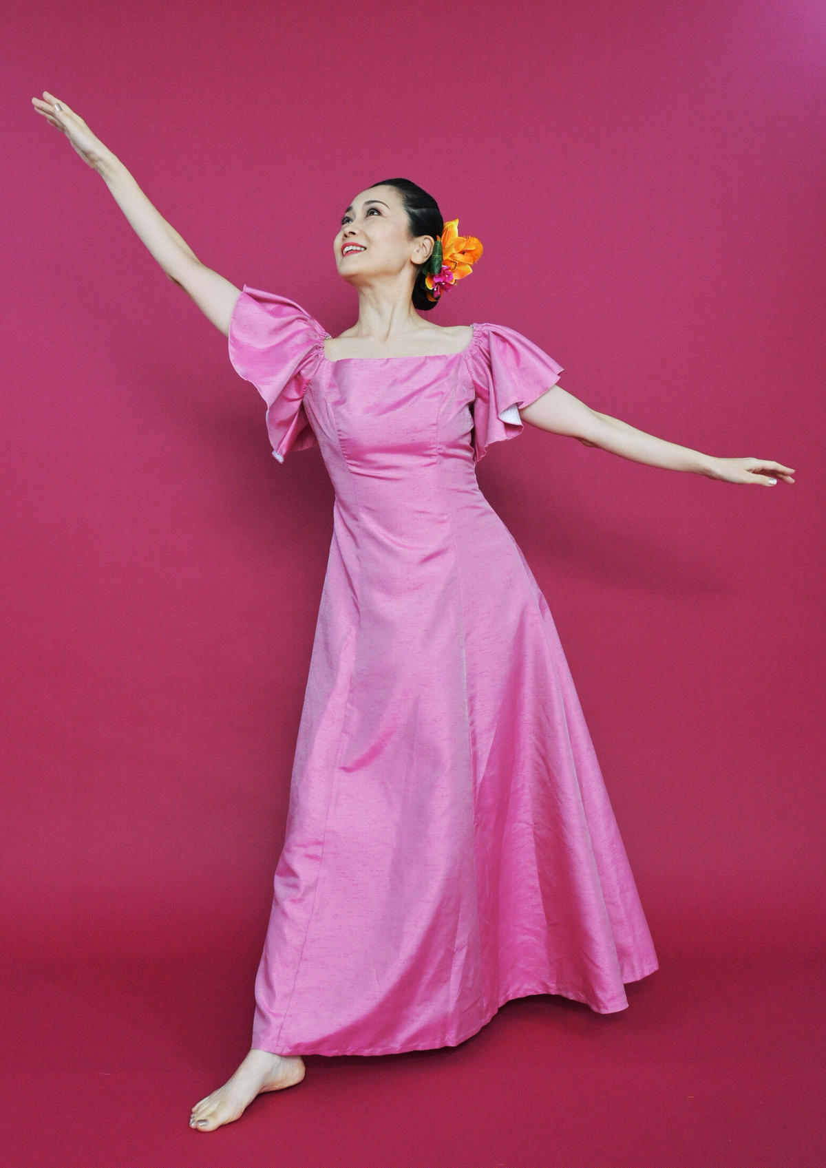 【DR079】シャンブレーシャンタンフレア袖ドレス/ピンク | I MUA