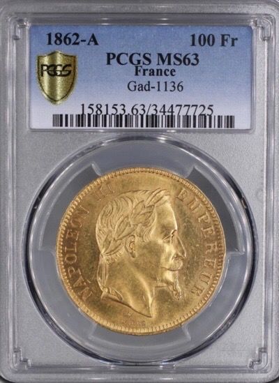 1862A PCGS MS63 G100 Francs gold coin フランス ナポレオ...